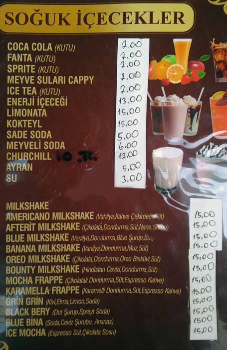 Menu at Tarihi Lokum Cafe, Istanbul, Mareşal Fevzi Çakmak 1. Sk. No:37