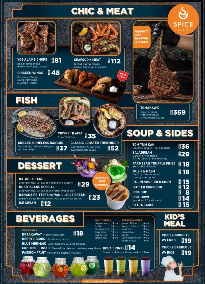 Menu of Spice Grill Seafood Restaurant, Al Majaz, Sharjah