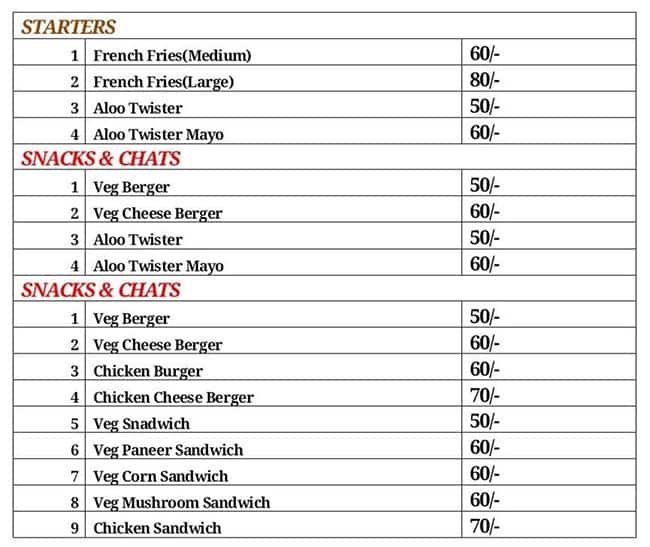 Menu of Softy Centre, Sarjapur Road, Bangalore