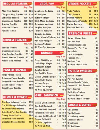 Menu of HL Frankie, Infocity, Gandhinagar