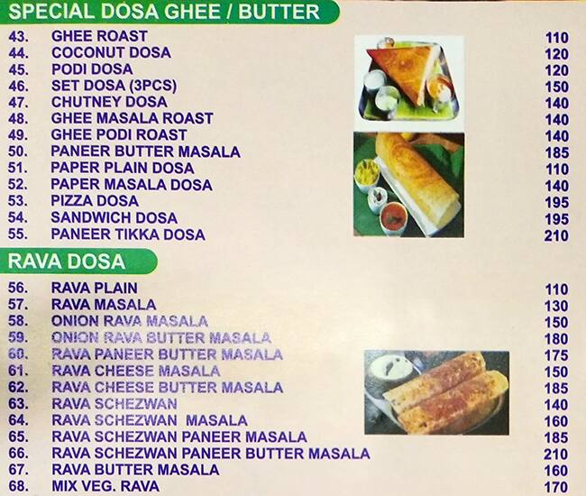 Menu of SMK Mess, Karol Bagh, New Delhi