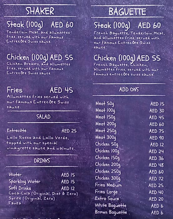 Menu of L' Entrecote, Umm Suqeim, Dubai