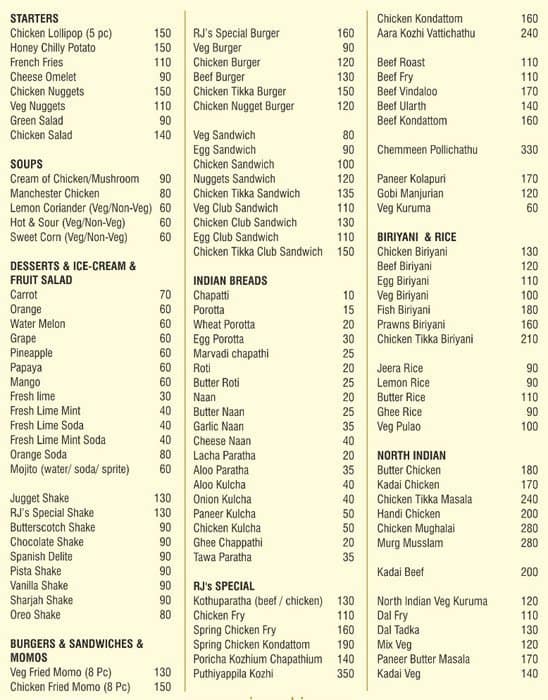 RJ's Cafe Menu, Menu for RJ's Cafe, Vyttila, Kochi - Zomato