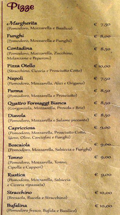 Menu da Otello ristorante, Roma