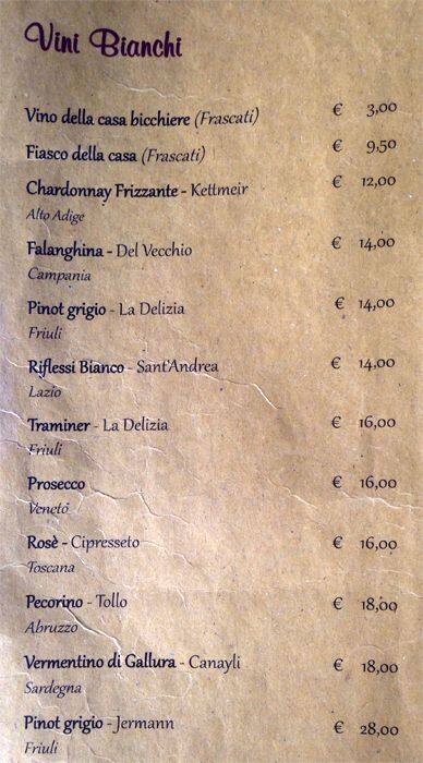 Menu da Otello ristorante, Roma