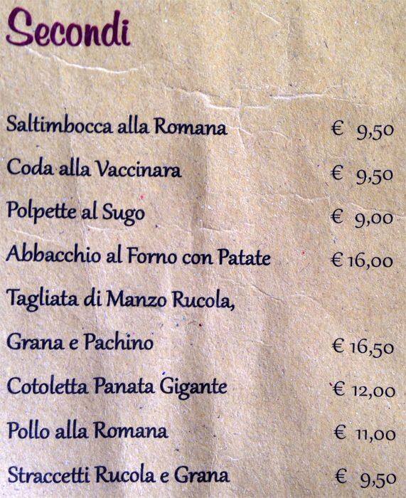 Menu da Otello ristorante, Roma