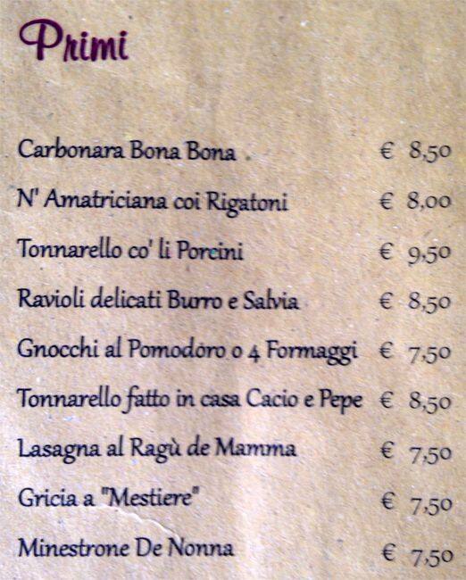Menu da Otello ristorante, Roma