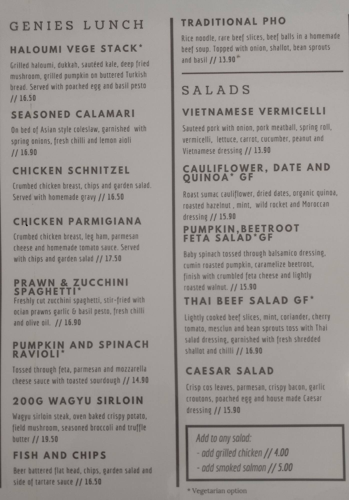 Menu at Genies Cafe, Saint Lucia
