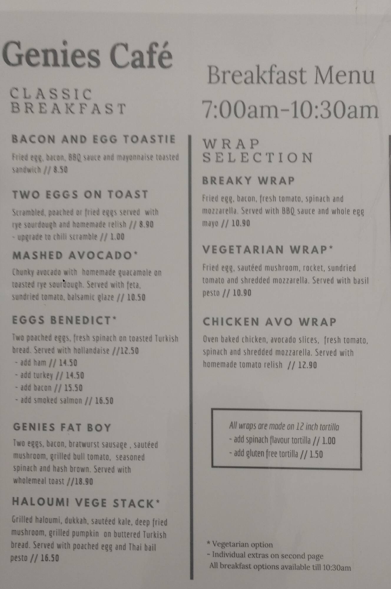 Menu at Genies Cafe, Saint Lucia
