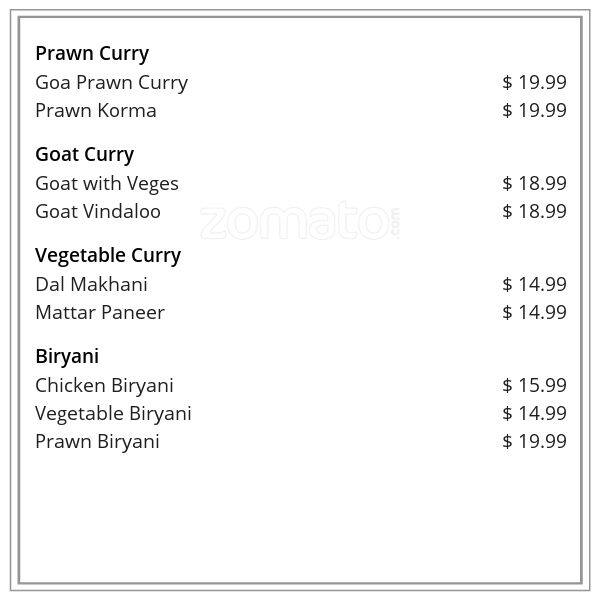 Menu at Indian Curry House restaurant, Burleigh Heads
