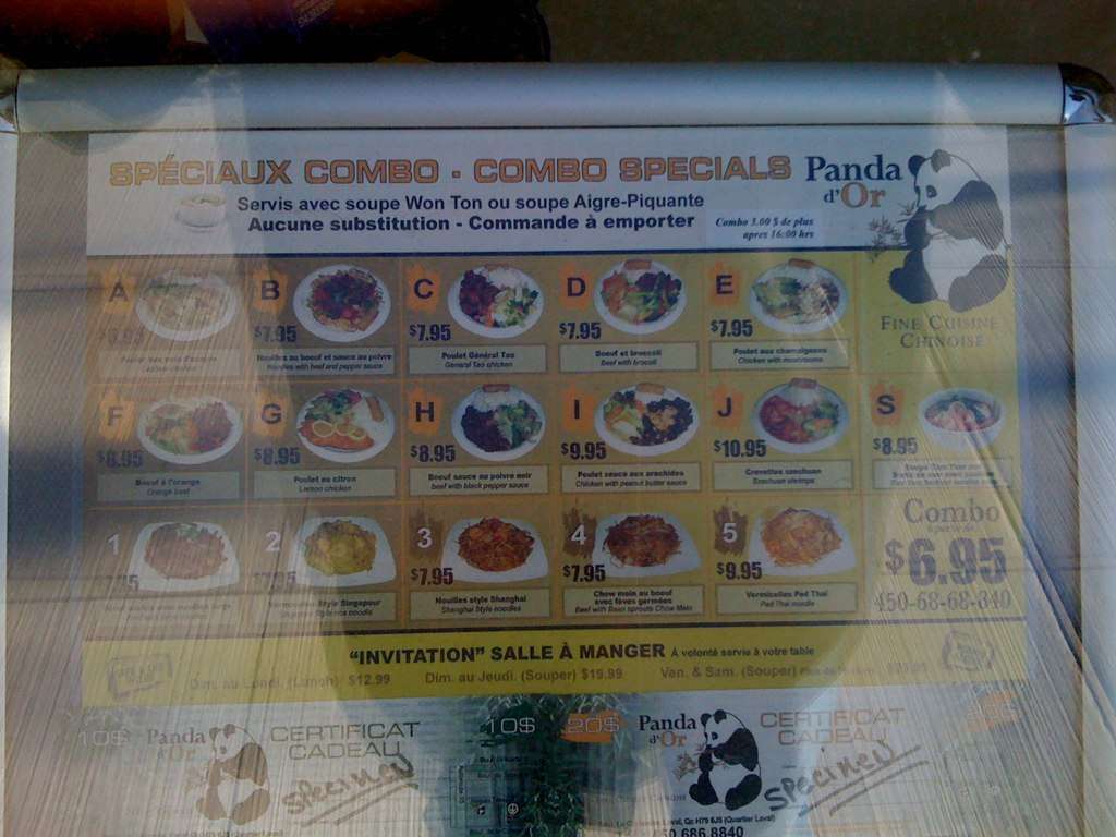 Menu au Panda Peng restaurant, Laval, 840 Boul. le Corbusier