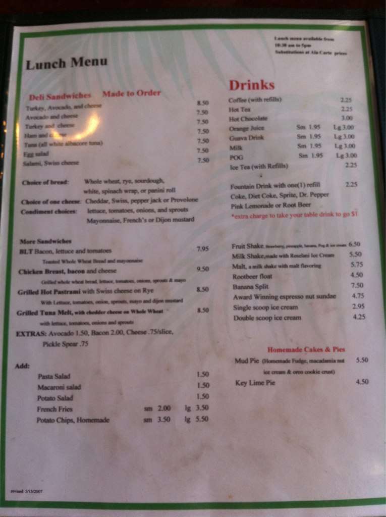 Menu at Blue Moon Cafe, Kihei