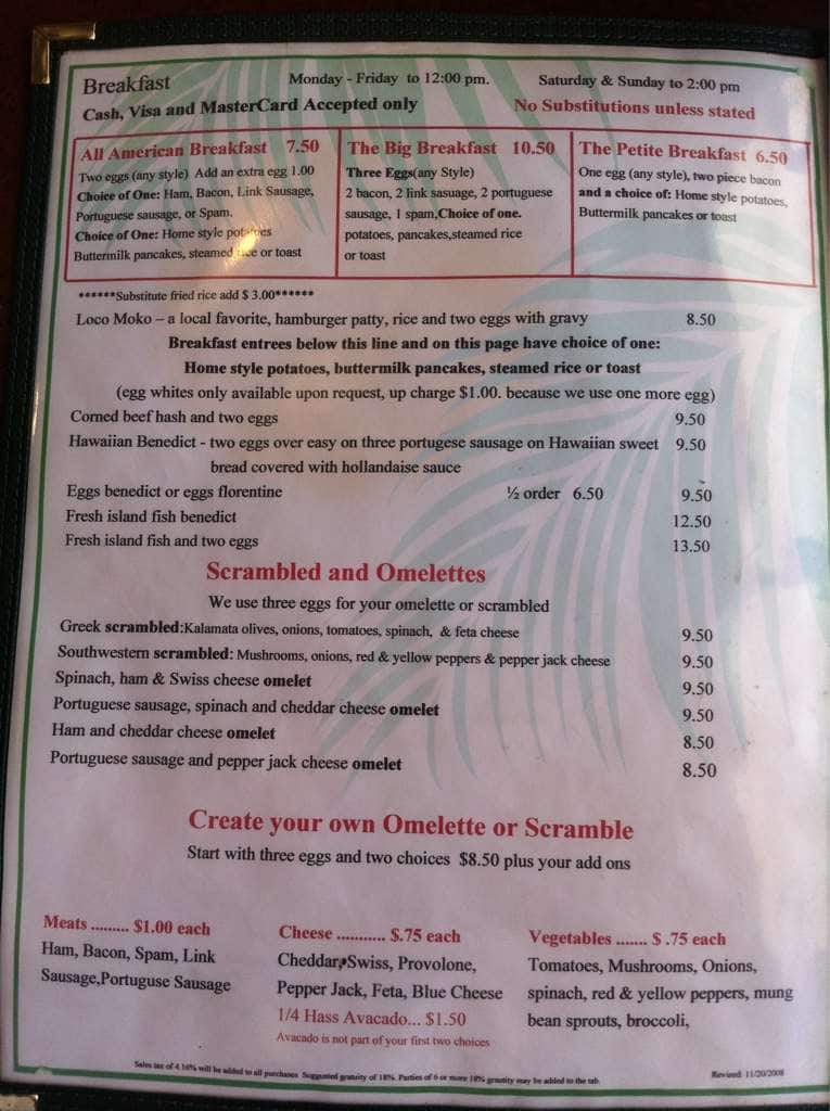 Menu at Blue Moon Cafe, Kihei