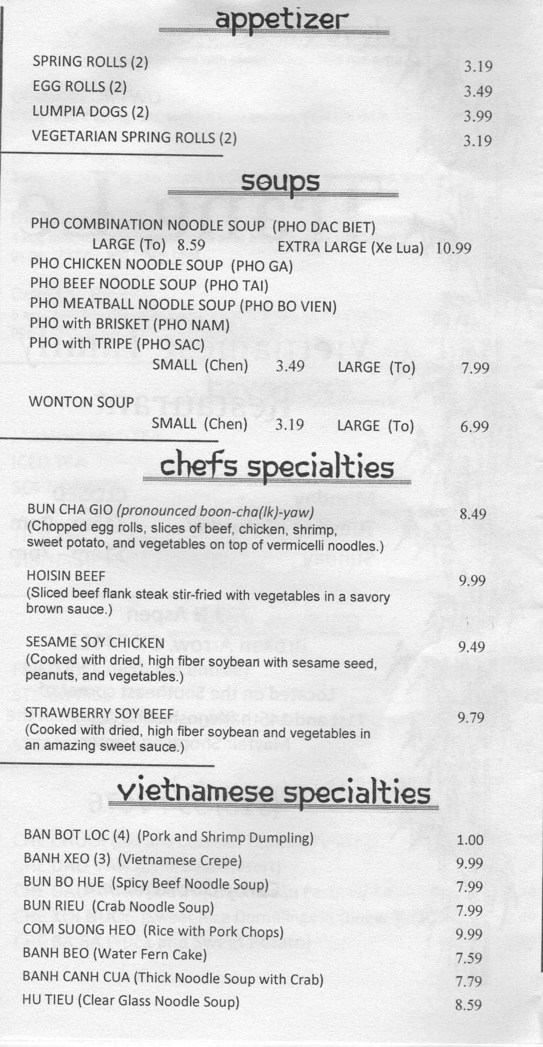 Menu at Trang Le Restaurant, Broken Arrow