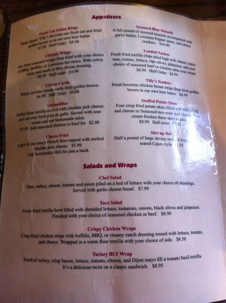 Menu at Tilly's Oronoco LLC pub & bar, Oronoco, Lake Shady Ave S
