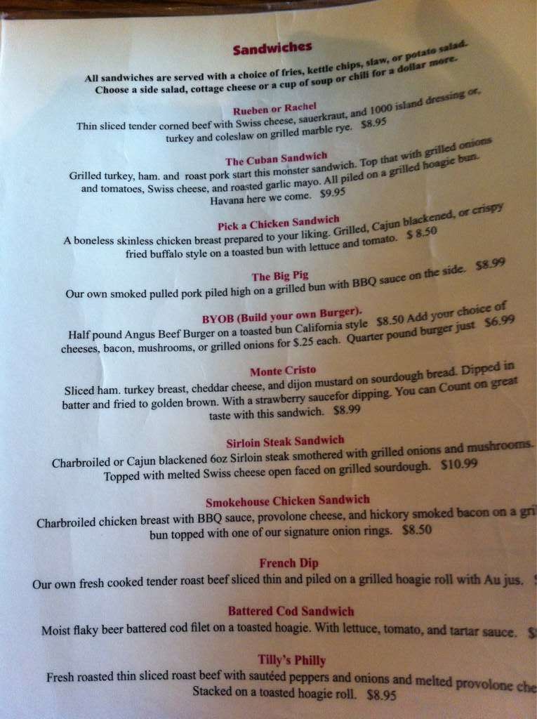 Menu at Tilly's Oronoco LLC pub & bar, Oronoco, Lake Shady Ave S