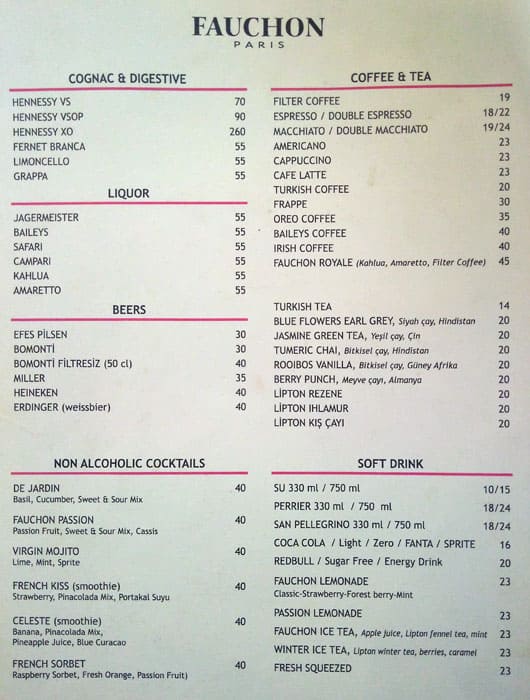 Menu at FAUCHON Paris, Istanbul, Koru Sok. No:2 D:164