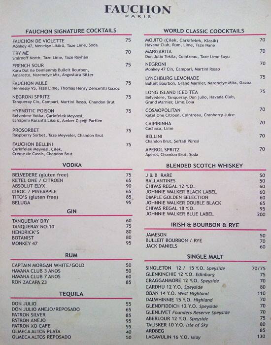 Menu at FAUCHON Paris, Istanbul, Koru Sok. No:2 D:164