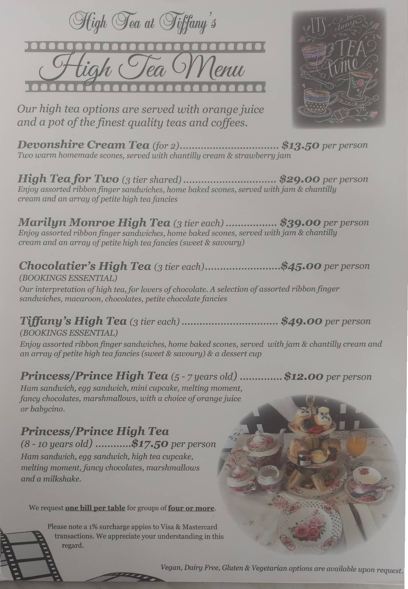 Menu at High Tea at Tiffany's cafe, North Lakes