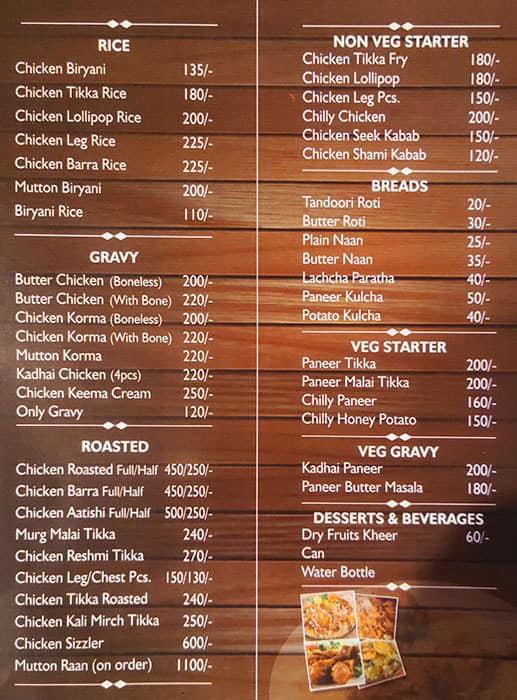 Menu at Baba Sweet House, Allahabad