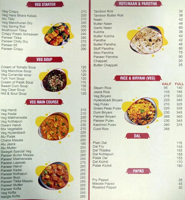 Menu of Swagat Restaurant, Borivali West, Mumbai