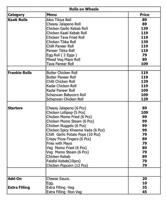 Menu of Rolls On Wheels - Shawarma & Wraps, JP Nagar, Bangalore