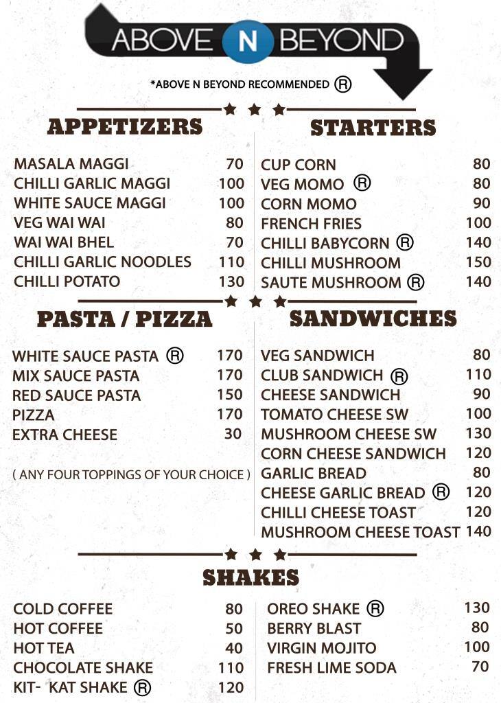 Menu at Above N Beyond, Kolkata, Salt Lake Bypass Road