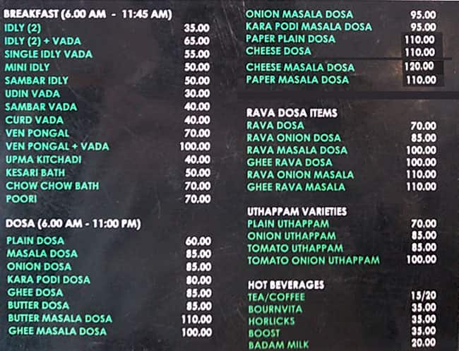 Menu of Madurai Idly Shop, Indiranagar, Bangalore