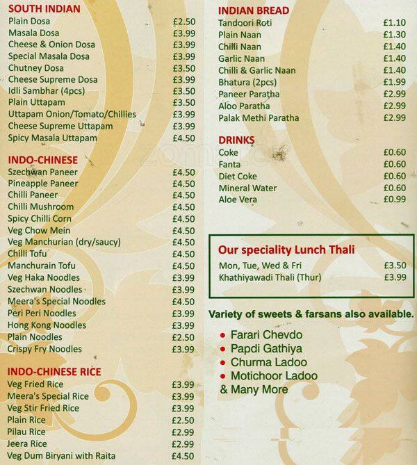 Menu at Meera's Express fast food, London, 205 Streatfield Road