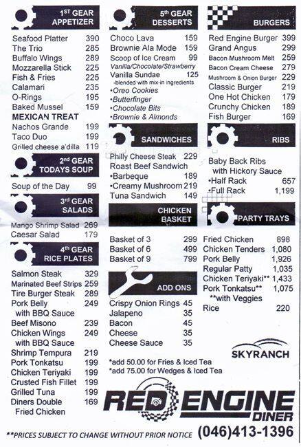 Red Engine Diner Menu, Menu for Red Engine Diner, Tagaytay City ...