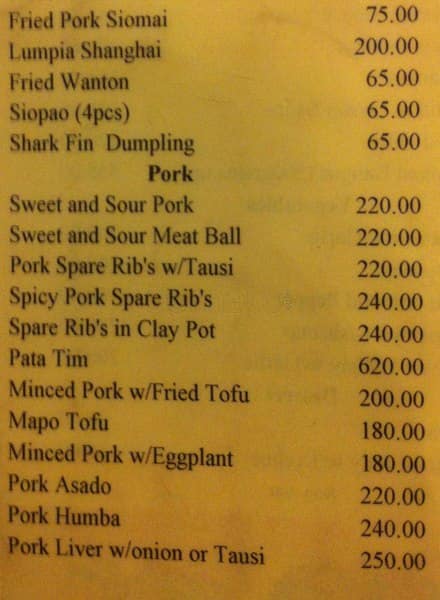 Menu at Panciteria China restaurant, Pasig