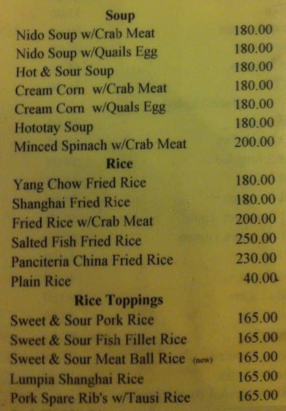 Menu at Panciteria China restaurant, Pasig