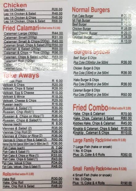 Menu at Mr Fish restaurant, Cape Town