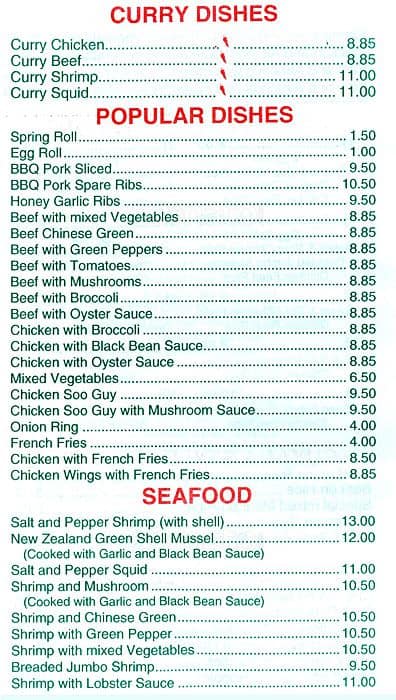 Menu at Sunlight Chinese Food restaurant, Brampton