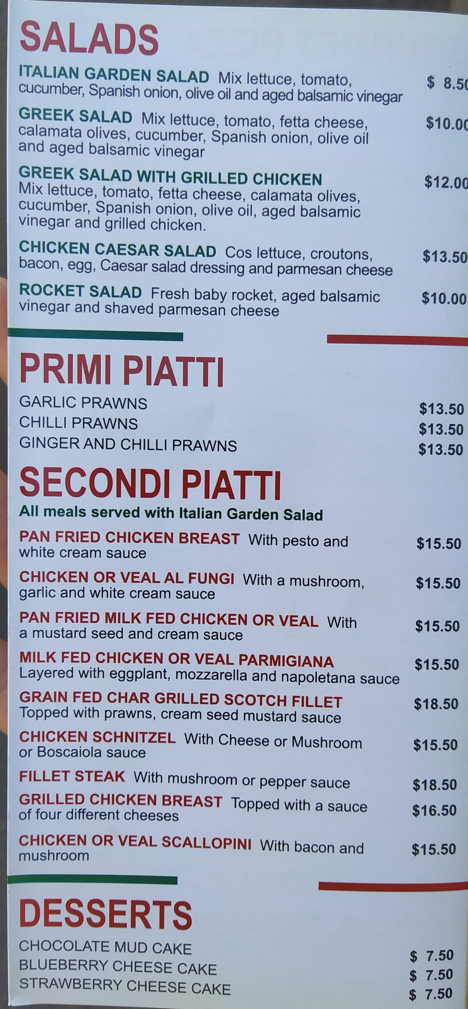 Menu at The Darling Pizzeria, Pyrmont