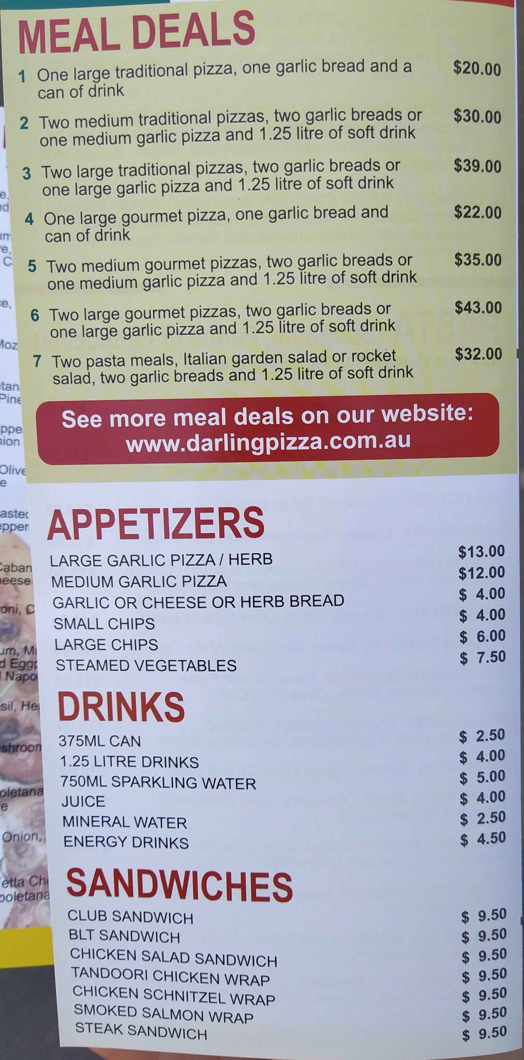 Menu at The Darling Pizzeria, Pyrmont