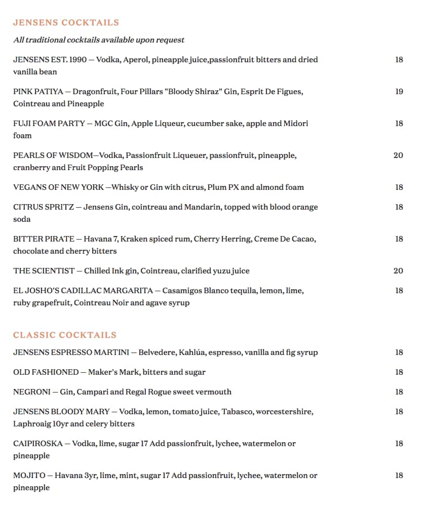 Menu at Jensens restaurant, Kareela