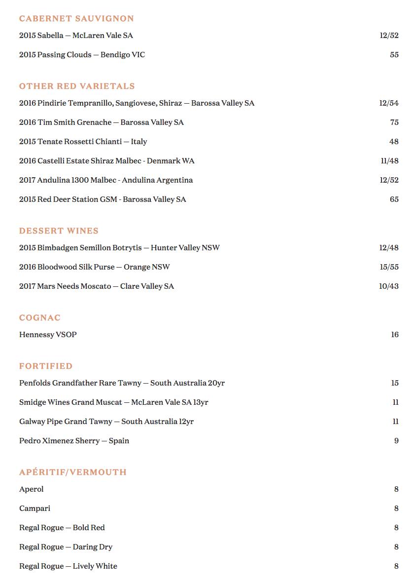 Menu at Jensens restaurant, Kareela