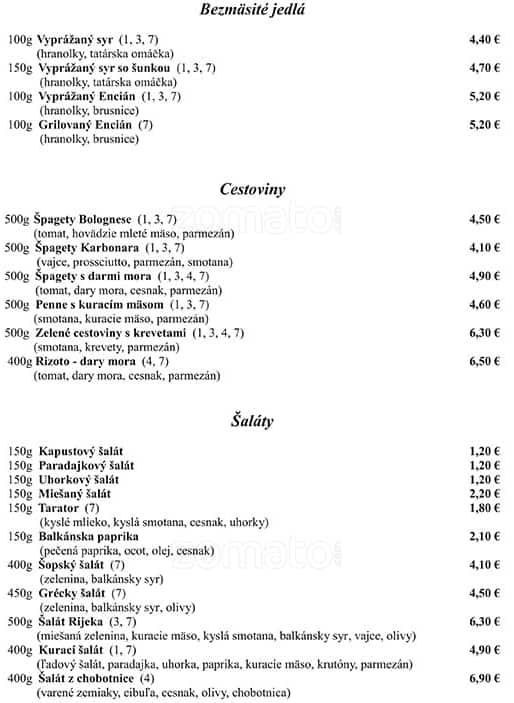 Menu at Reštaurácia Capitol restaurant, Košice
