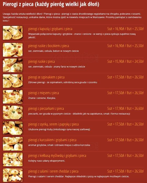 Menu at Grande Pierogi restaurant, Warsaw, ul. Solec 81b I piętro