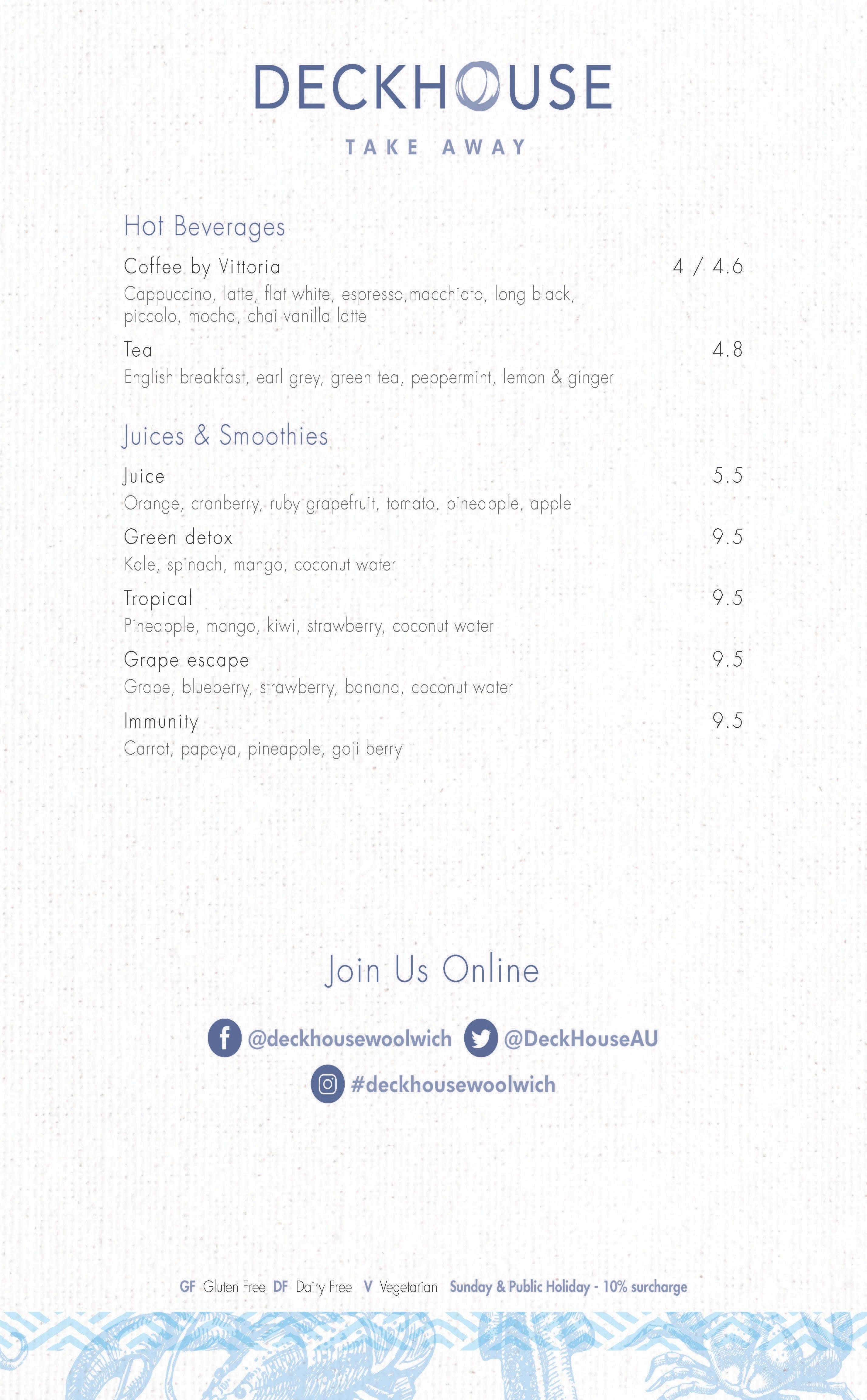 Menu at Deckhouse Woolwich restaurant, Woolwich