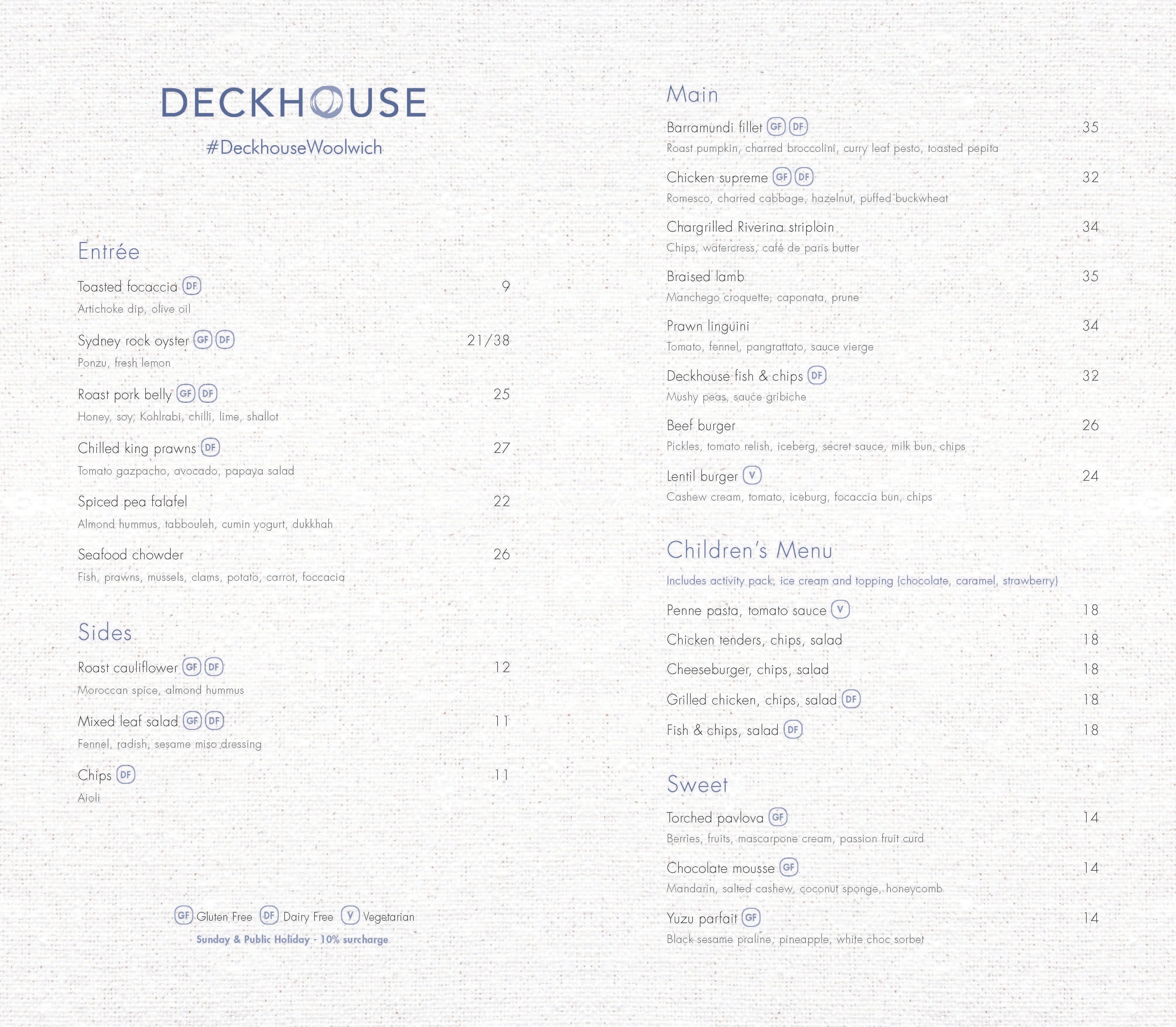 Menu at Deckhouse Woolwich restaurant, Woolwich