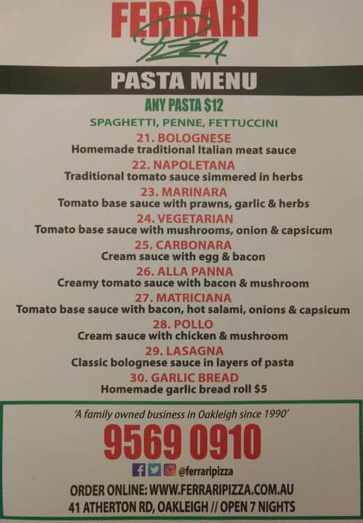 Menu at Ferrari Pizza pizzeria, Oakleigh