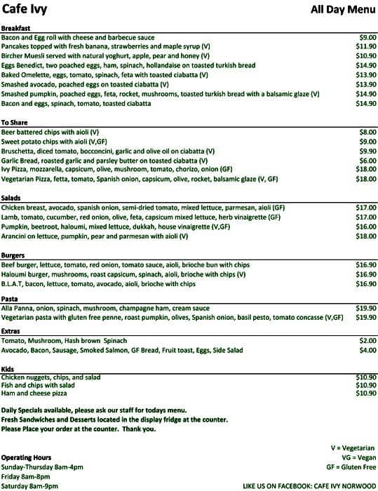 Menu at Cafe Ivy, Norwood