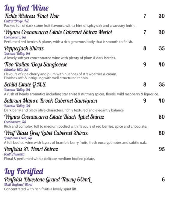 Menu at Cafe Ivy, Norwood