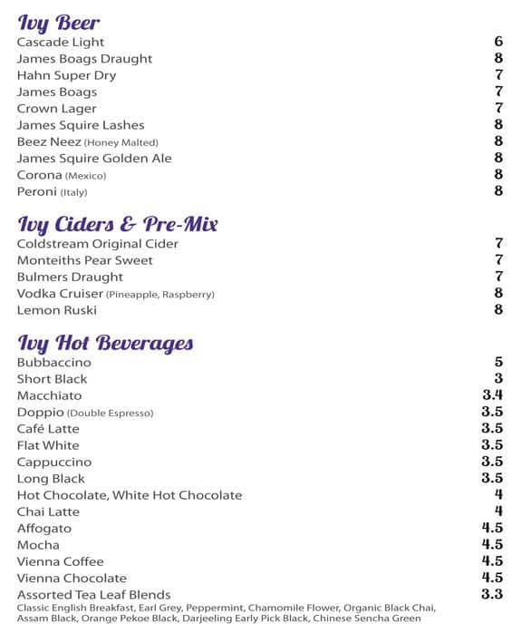 Menu at Cafe Ivy, Norwood