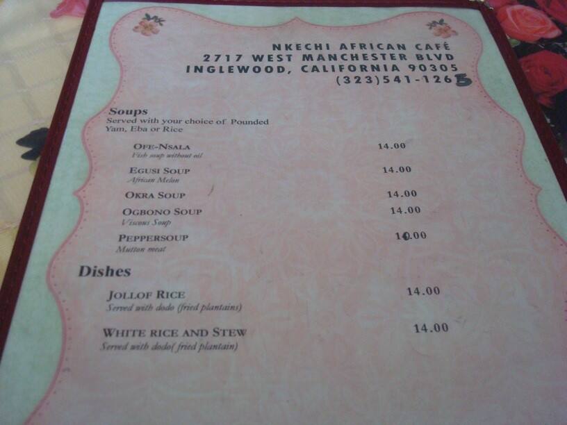 Menu at Nkechi African Cafe, Inglewood
