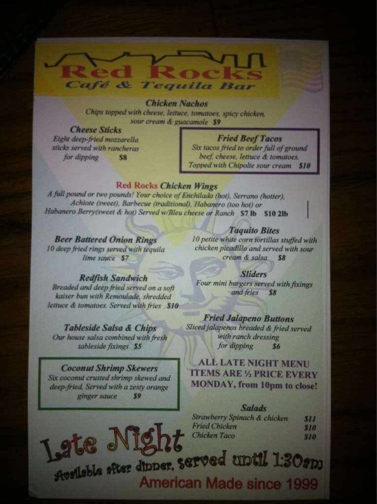 Menu at Red Rocks Cafe & Tequila Bar, Centreville