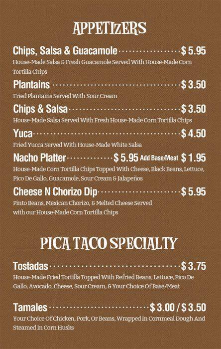 Pica Taco Menu, Menu for Pica Taco, U Street/Shaw, Washington DC ...