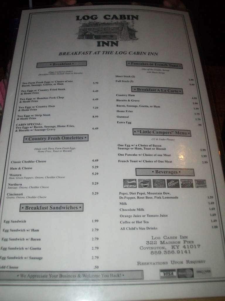 Menu at Log Cabin Inn, Cincinnati, 322 Old Madison Pike